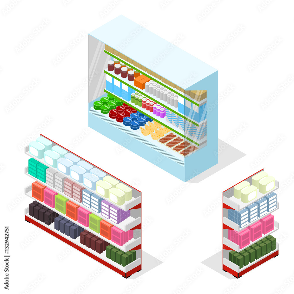 Shop Shelves Set Isometric View. Vector Stock Vector | Adobe Stock