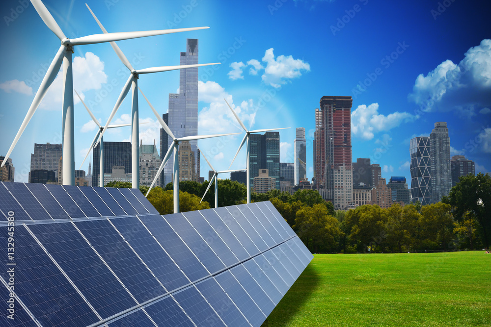 Modern green city powered only by renewable energy sources concept ...