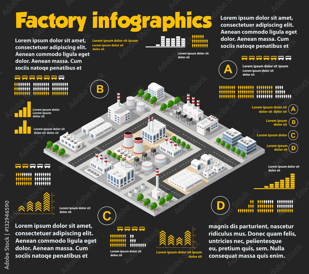 City isometric industrial factory infographics there are diagram ...