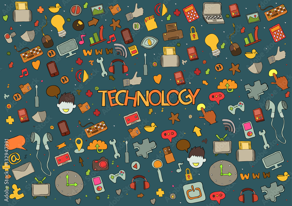 Technology background with media icons hand lettering and doodle Stock ...