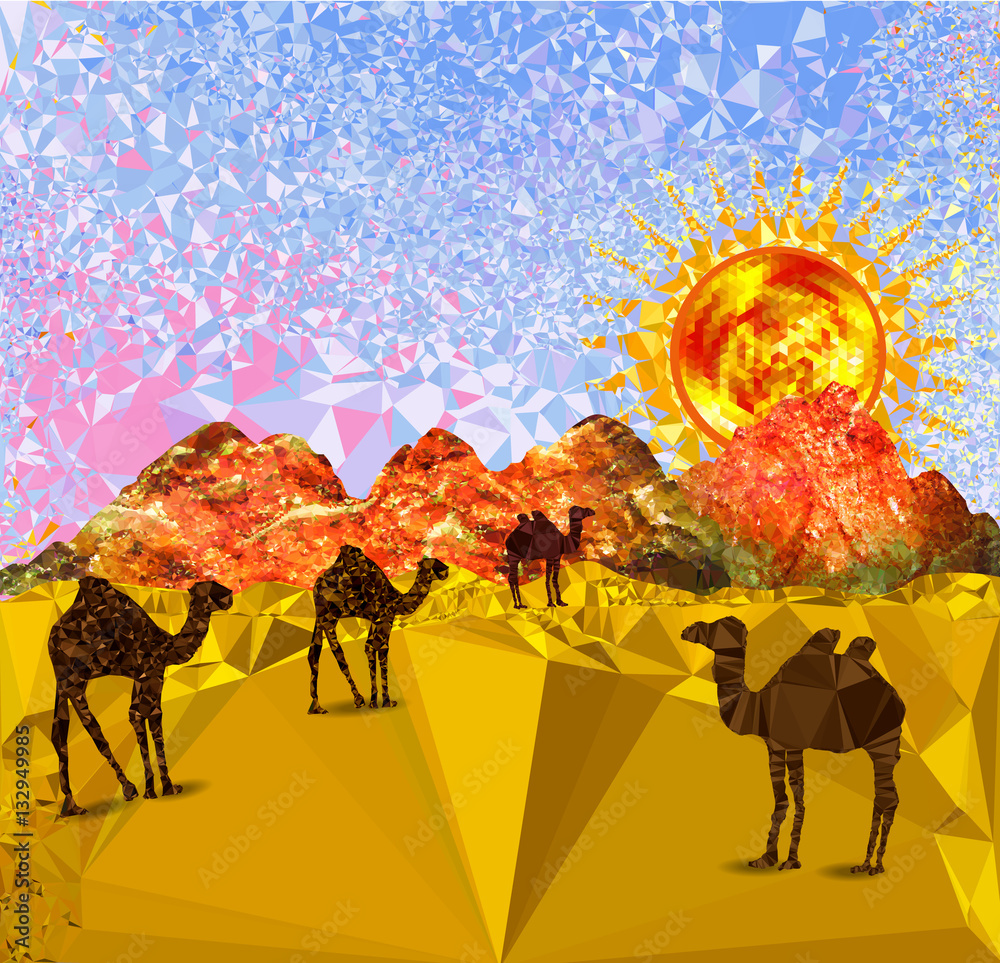 Landscape of triangles and polygons with desert, sand dunes and camels ...