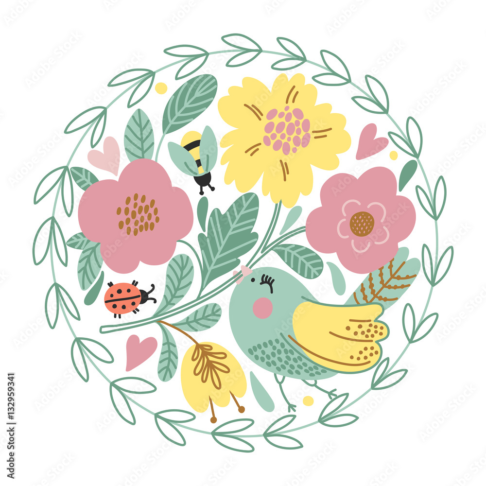 Cartoon vector card with cute bird Stock Vector | Adobe Stock