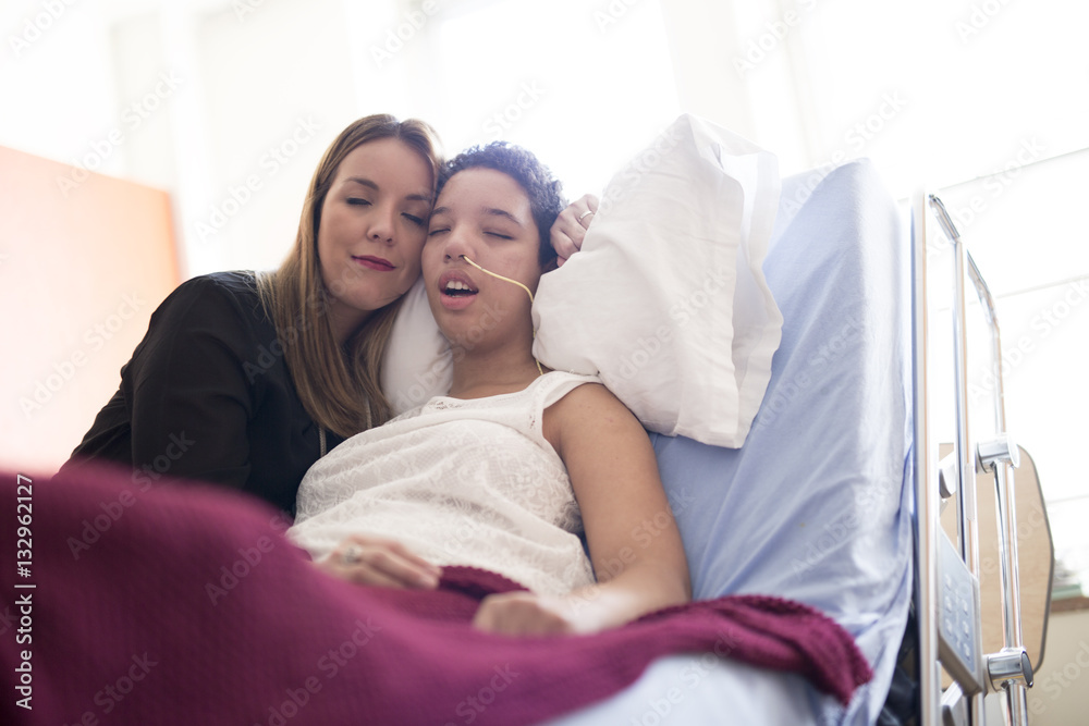 Sick patient lying on bed in hospital for medical background Stock ...