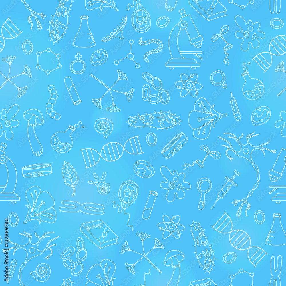 Seamless background with hand drawn icons on the theme of biology,light ...