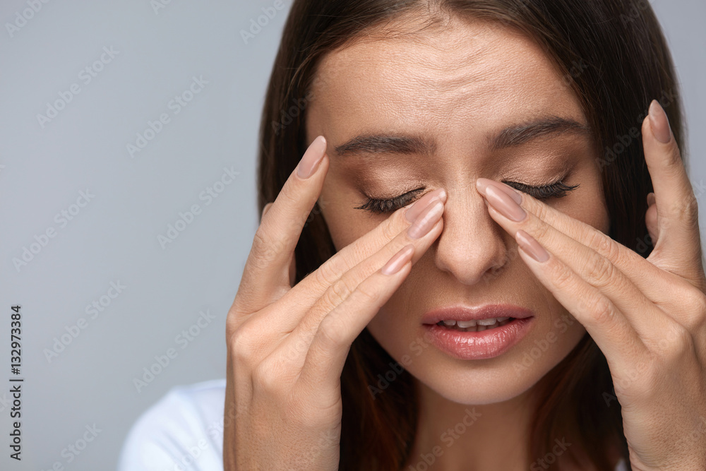Woman Suffering From Pain, Feeling Stress, Touching Painful Eyes Stock ...
