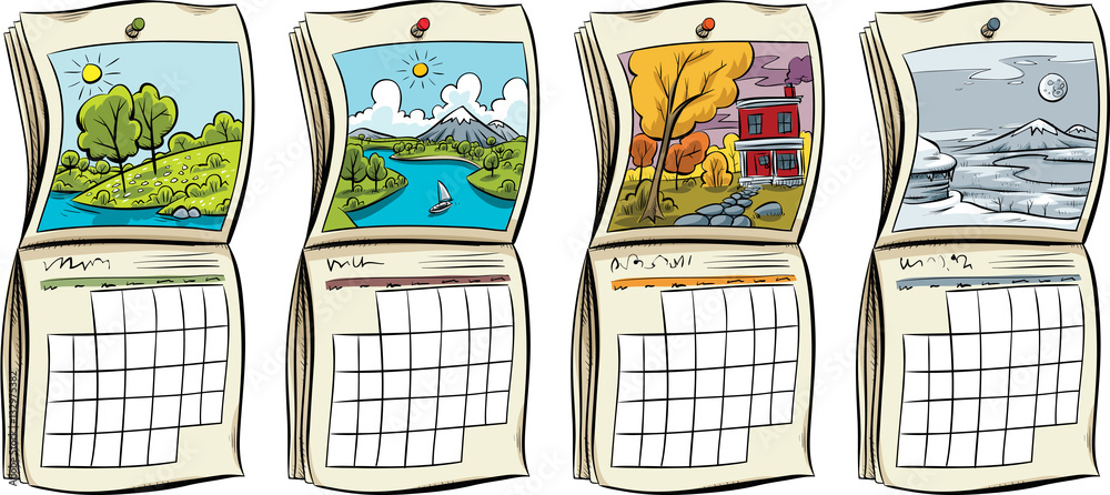 A set of four cartoon calendars, each representing the seasons of ...