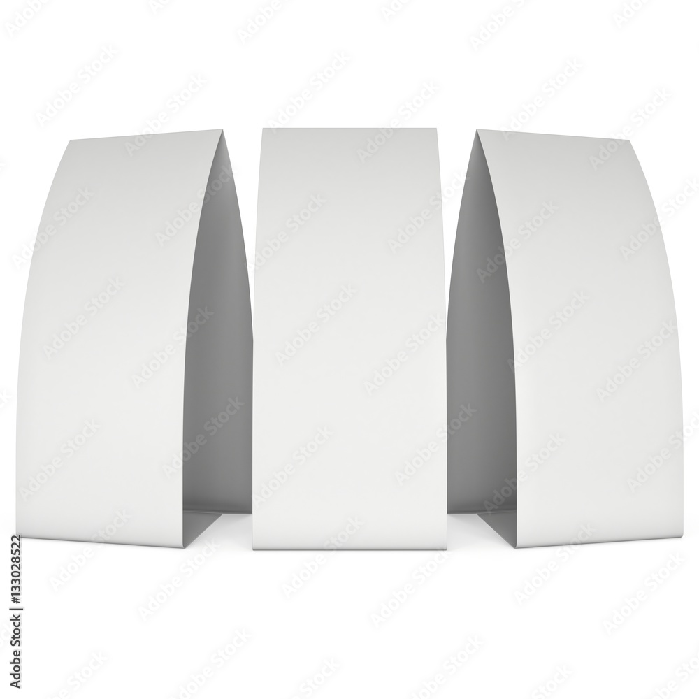 Three blank paper tent cards. 3d render illustration isolated. Table ...