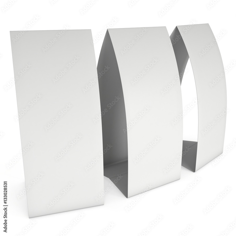 Three blank paper tent cards. 3d render illustration isolated. Table ...