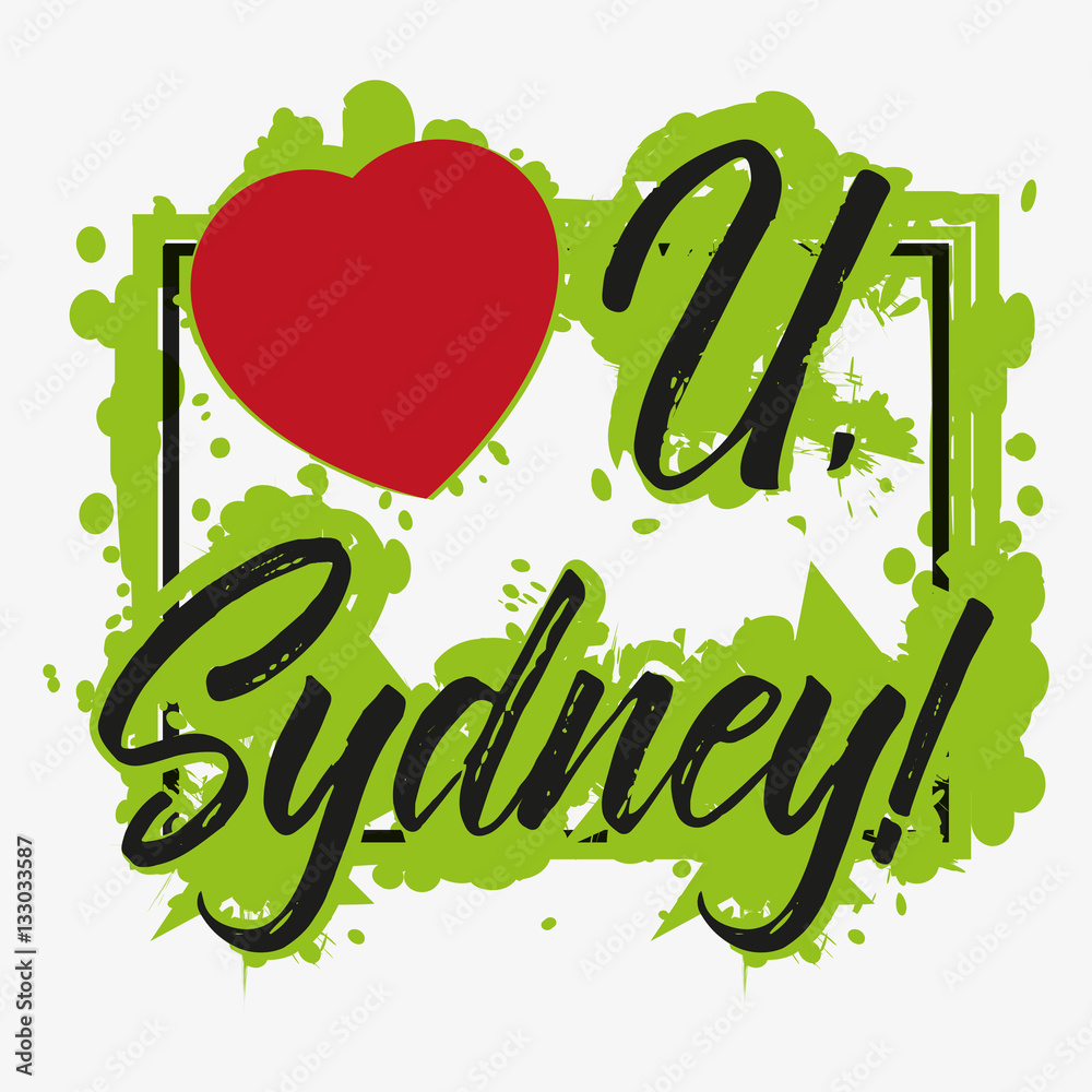 Print with lettering about Sydney and green paint splashes on grey ...