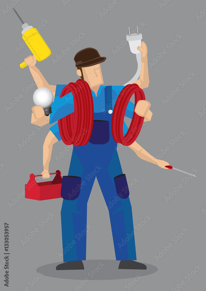 Busy Multi-tasking Handyman Worker Cartoon Character Vector Illu Stock ...