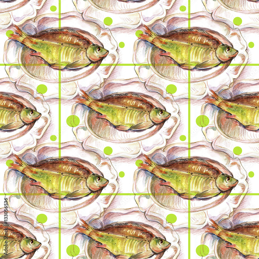 fried fish, drawing, watercolor, pencil, seamless pattern Stock ...