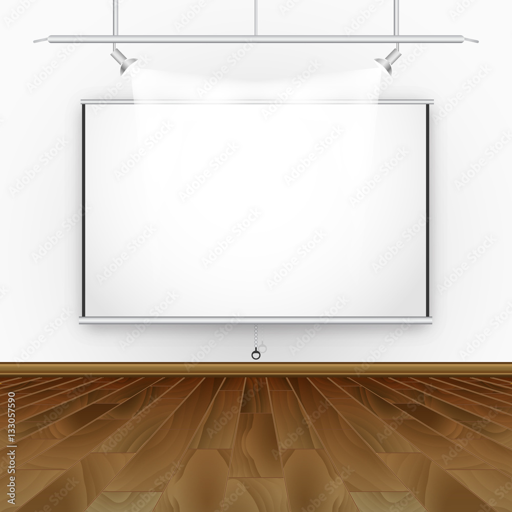 Empty room with wooden floor, illumination and projector canvas. Stock ...
