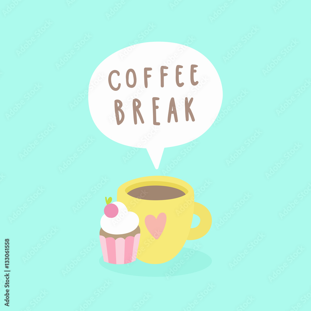 Coffee break. Cup and cupcake. Vector hand drawn cartoon illustration ...