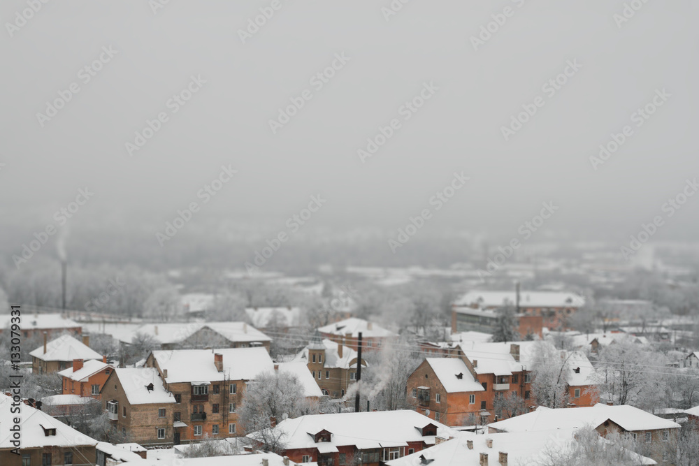 Winter landscape from a height with the effect of tilt shift Stock ...