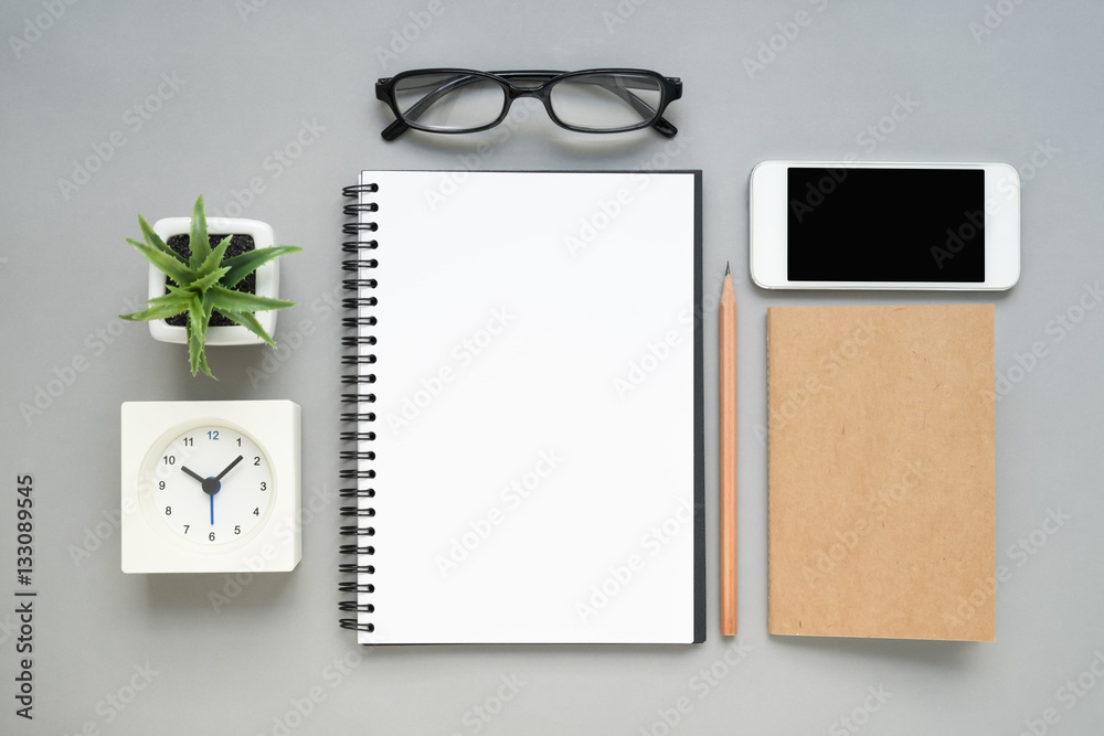 Table top view of office desk with stationery items Stock Photo | Adobe ...