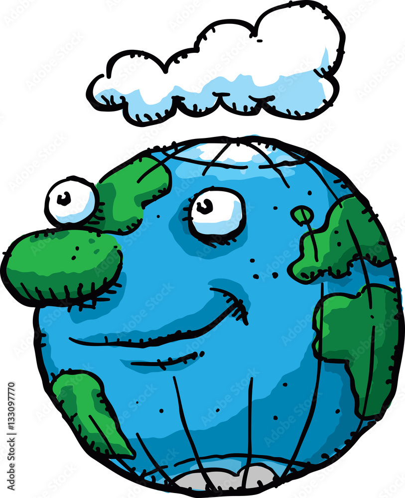 A happy, cartoon earth character with a friendly grin and a soft cloud ...