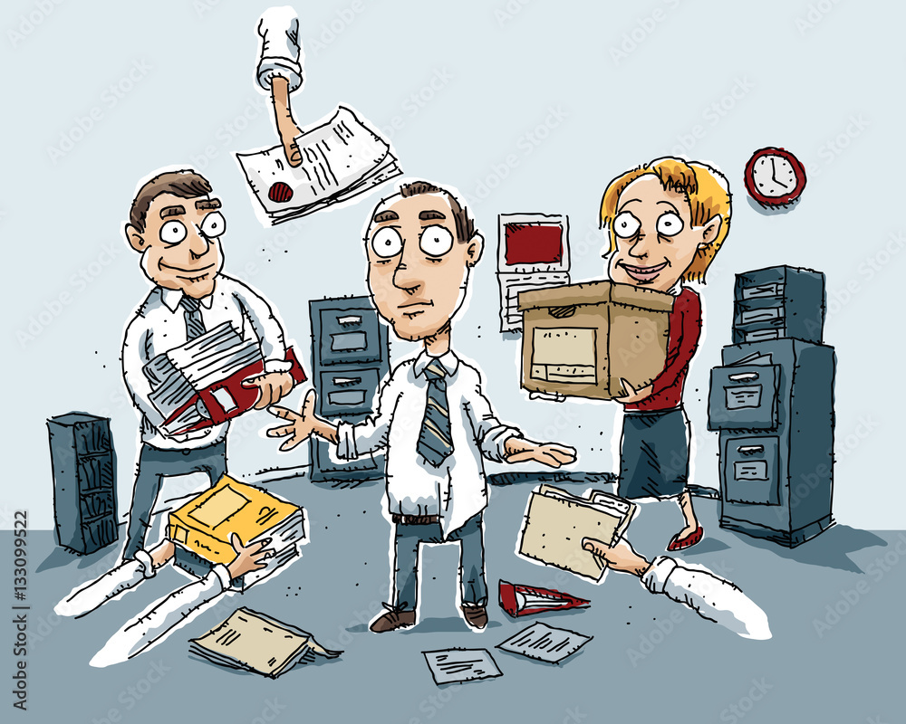 A cartoon office worker surrounded by confusion in the office. Stock ...