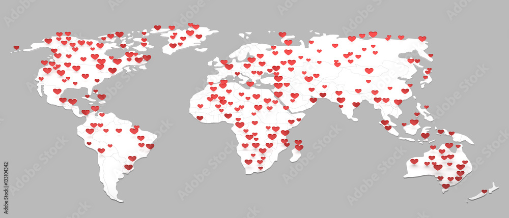 world map with many heart symbol 3d rendering Stock Illustration ...