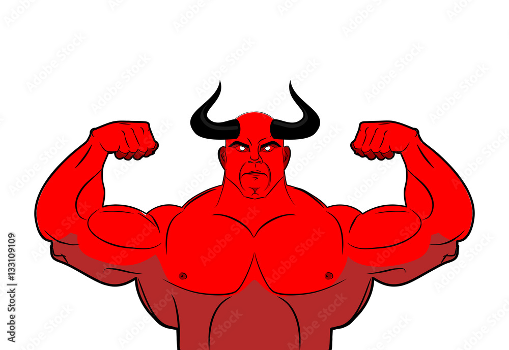 Strong demon with horns. Powerful red devil. Satan bodybuilder Stock ...
