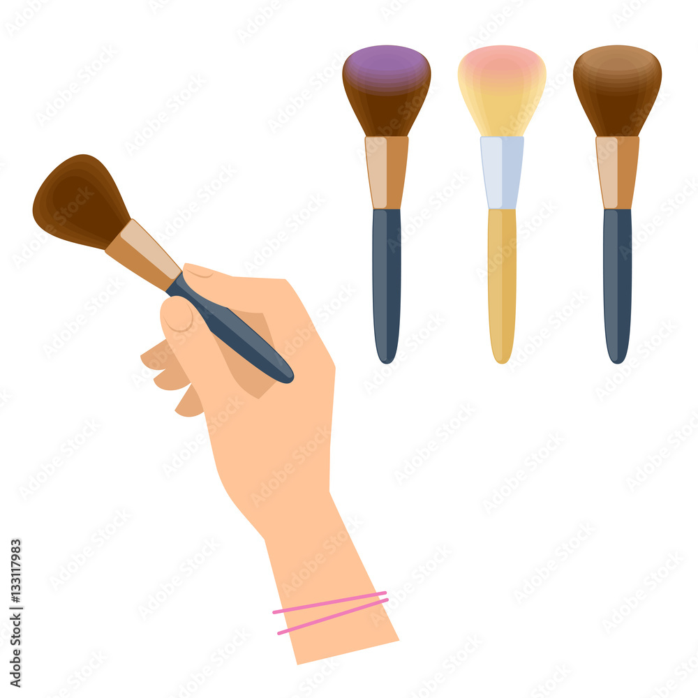 Women's hand with cosmetic product: eyeshadow brush. Flat illustration ...