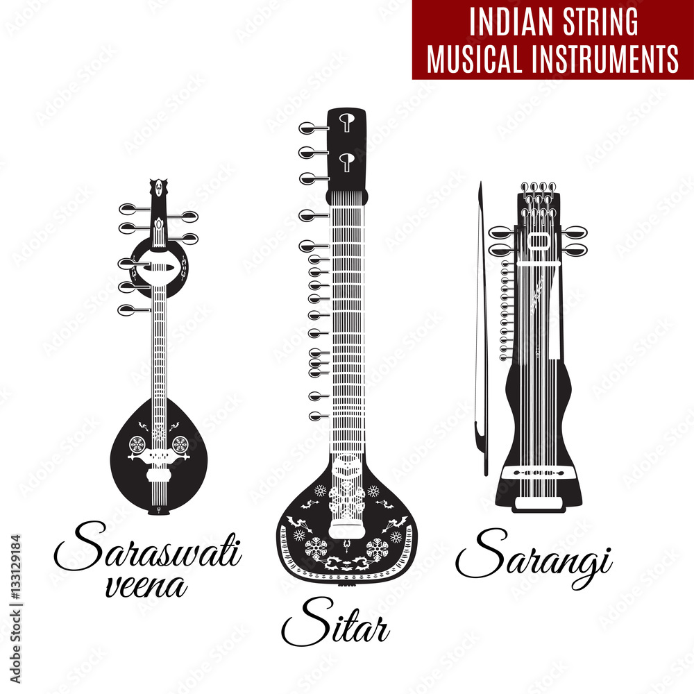 Vector set of black and white indian string musical instruments, flat ...