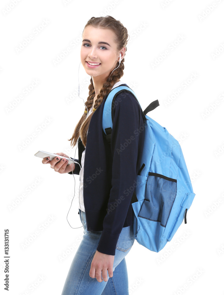 Pretty teenager girl with backpack and phone on white background Stock ...