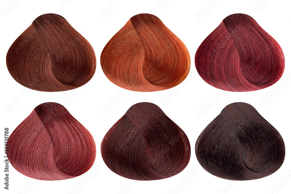 Set of locks of six different red hair color samples (copper, copper ...