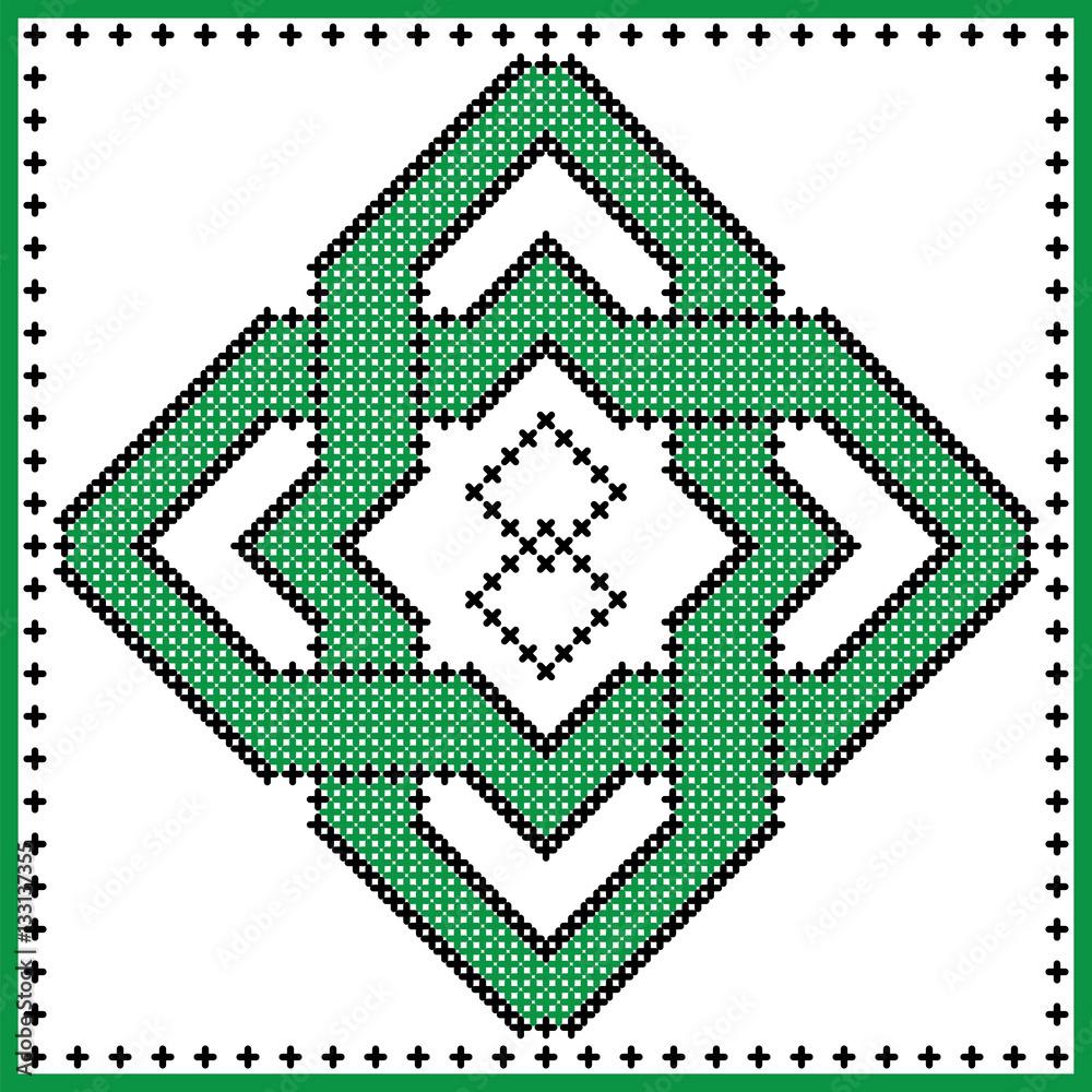 Celtic endless knot in rosette shape in black and green cross stitch ...