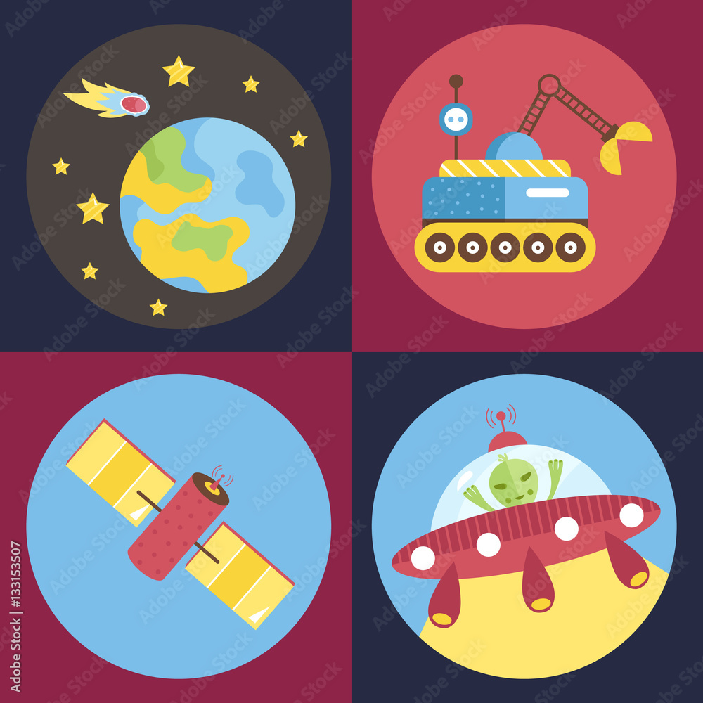 Space objects cartoon icons. Planet Earth with stars and meteor ...