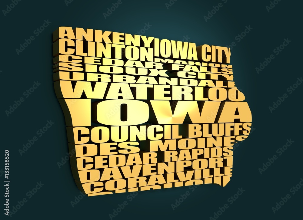 Word cloud map of Iowa state. Cities list collage. Golden material. 3D ...