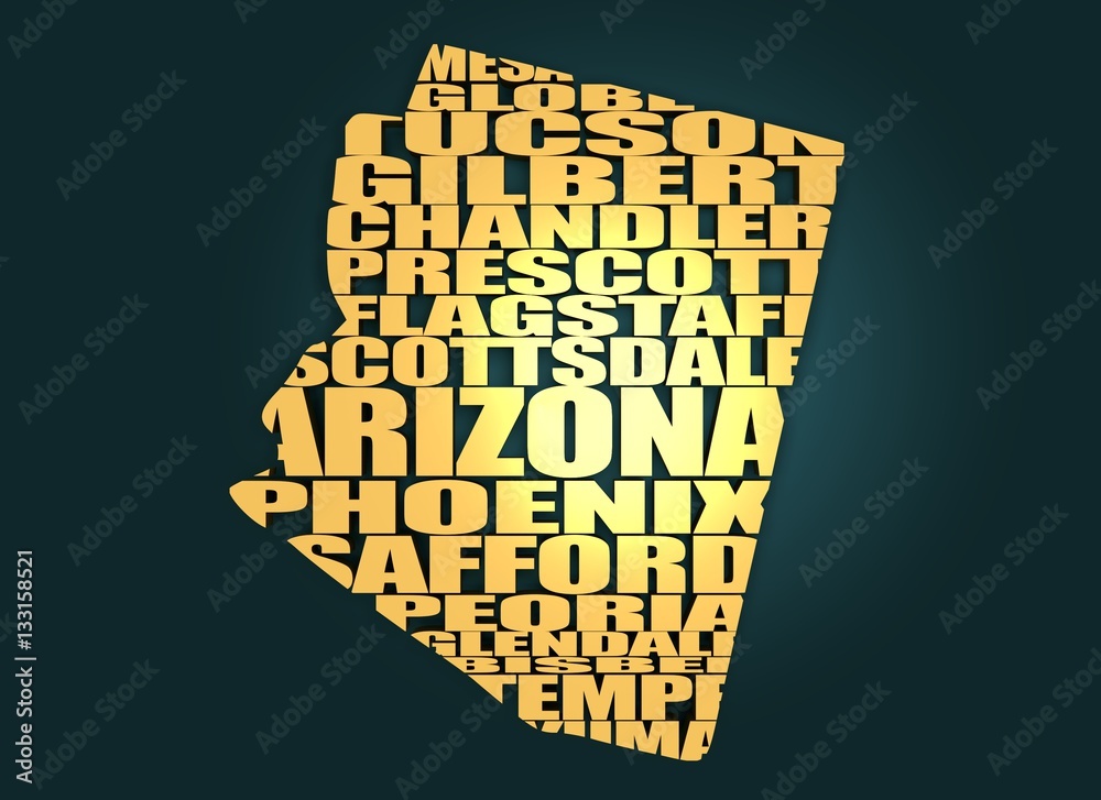 Word cloud map of Arizona state. Cities list collage. Golden material ...