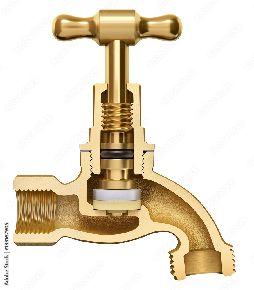 Cross section of brass faucet isolated on white background Stock ...