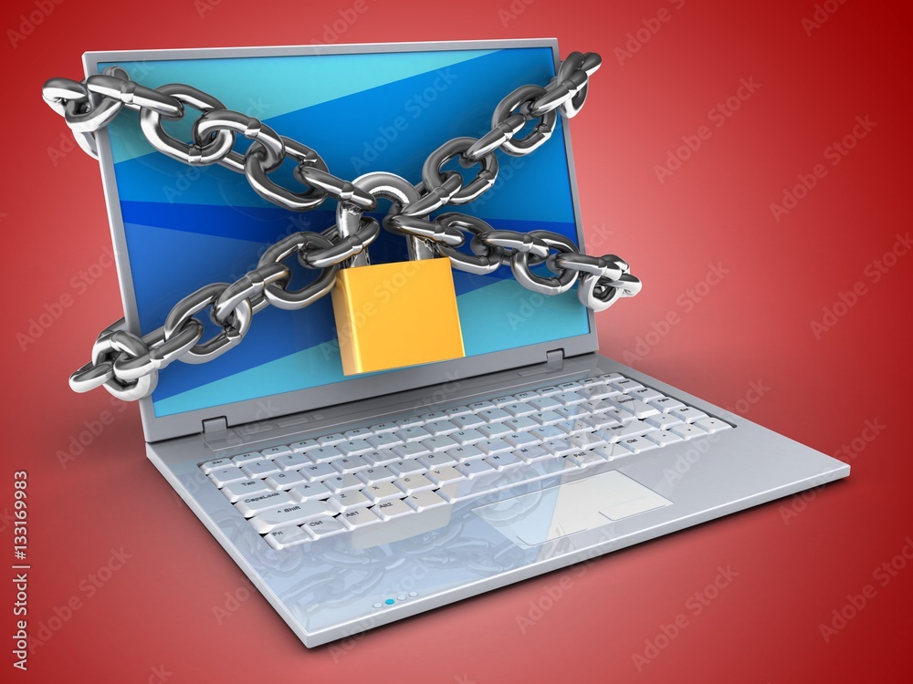 3d illustration of laptop over red background with blue screen and ...