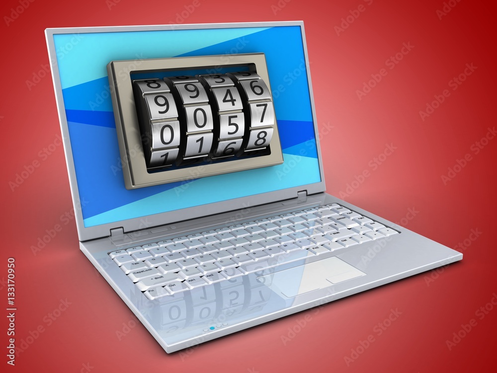3d illustration of laptop over red background with blue screen and code ...