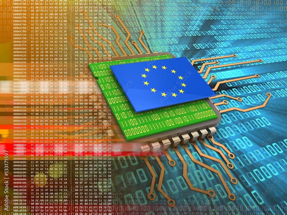 3d illustration of electronic board over digital background with EU ...