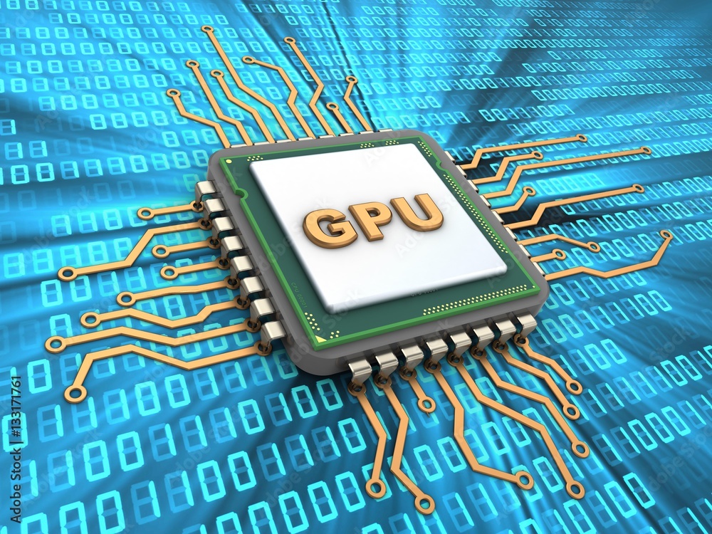3d illustration of processor over digital background with gpu sign ...