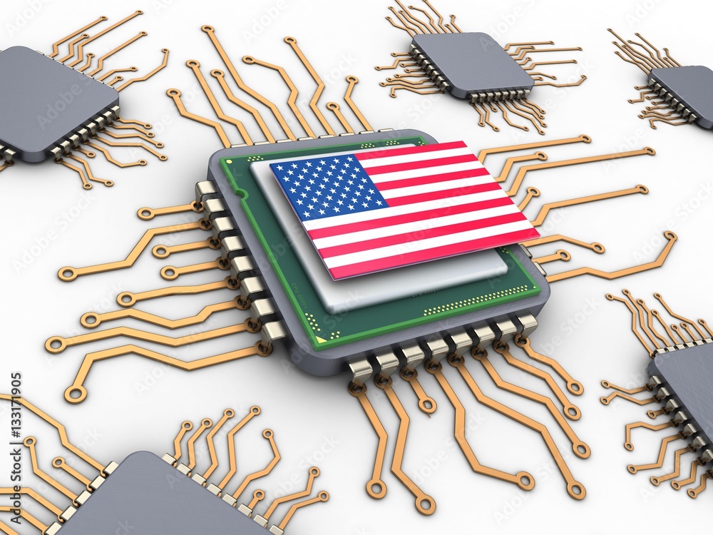 3d illustration of computer chips over white background with USA flag ...