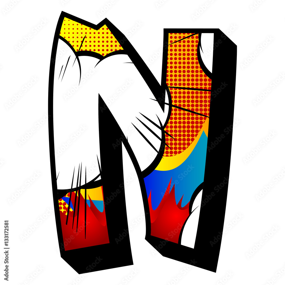 Letter N filled with comic book explosion, background. Stock ...