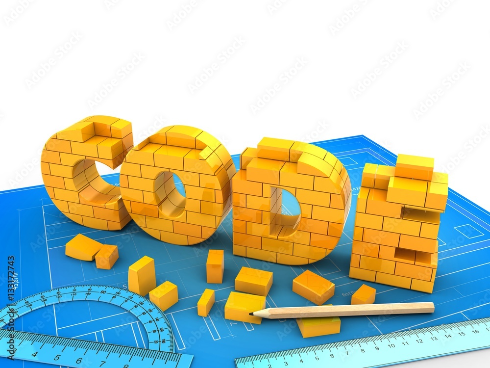 3d illustration of code sign over blueprint background with drawing ...