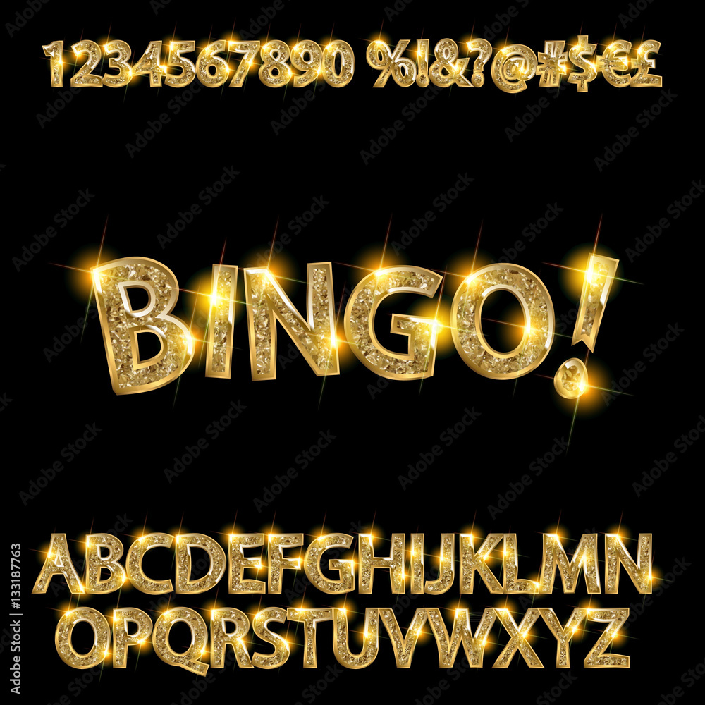 Bingo. Golden glowing alphabet and numbers on a dark background. Vector ...