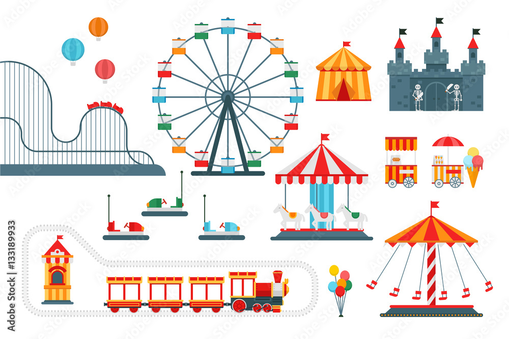 Amusement park vector flat elements isolated on white background for ...