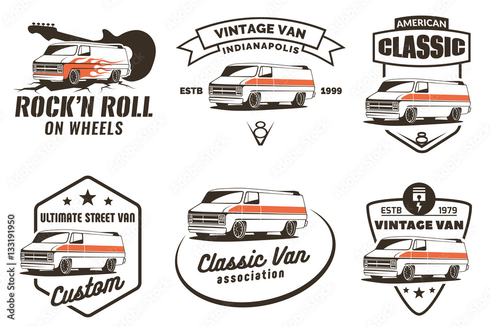 Vintage van emblems, logo and badges. Classic Van design elements ...