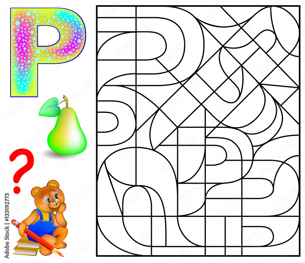 Educational page with letter P for study English letters. Logic puzzle ...