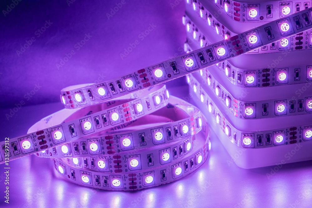 Diodes LED Strip color in the rainbow RGB stripes background blur Stock ...