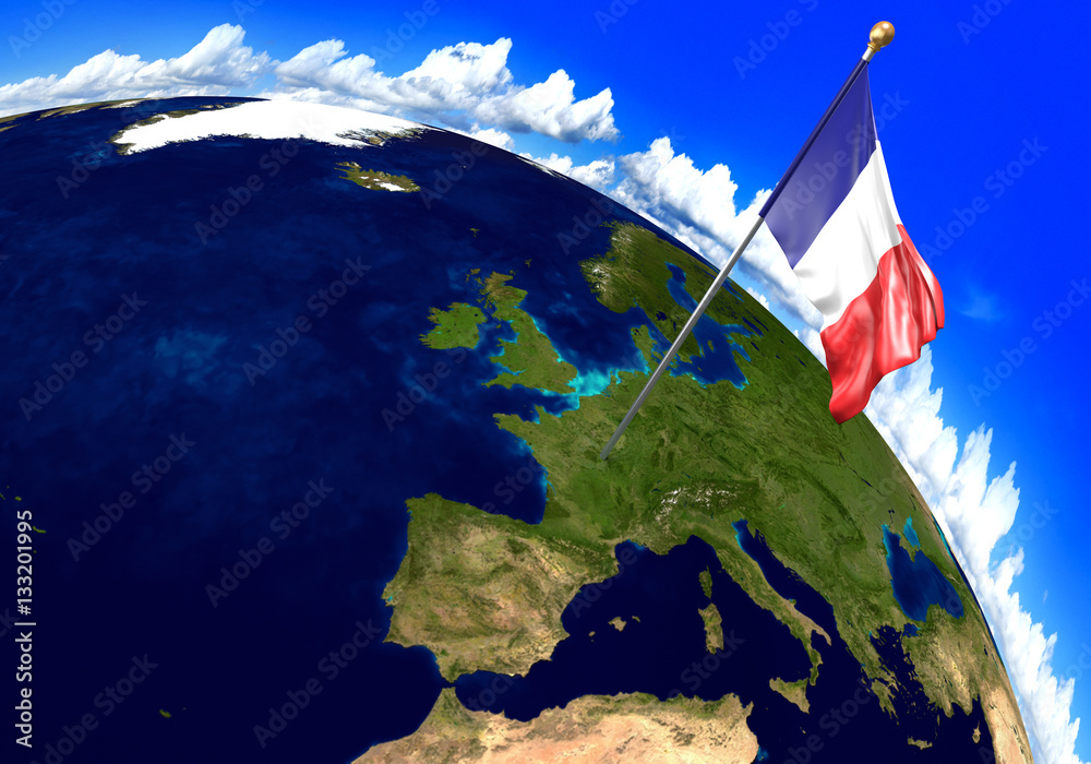 France national flag marking the country location on world map. 3D ...
