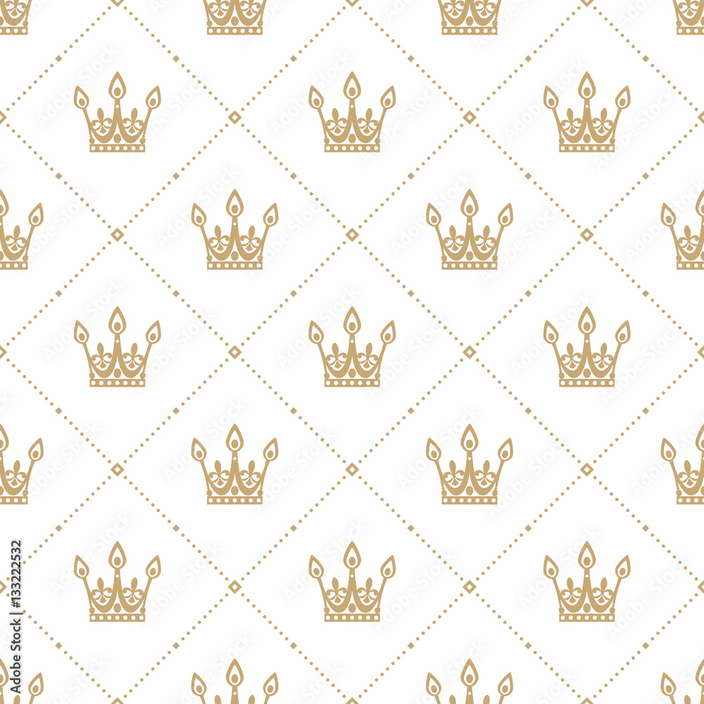 Seamless pattern in retro style with a gold crown on a white background ...