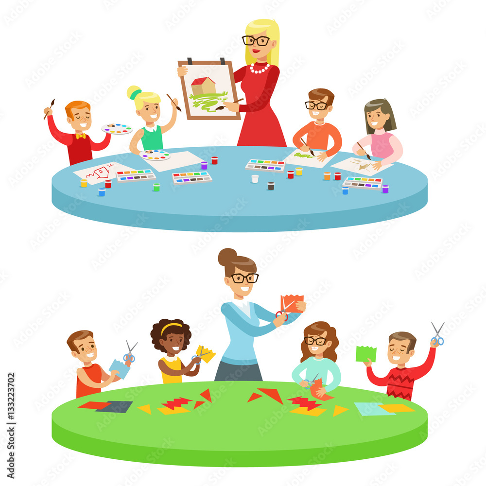 Children In Art Class Two Cartoon Illustrations With Elementary School ...