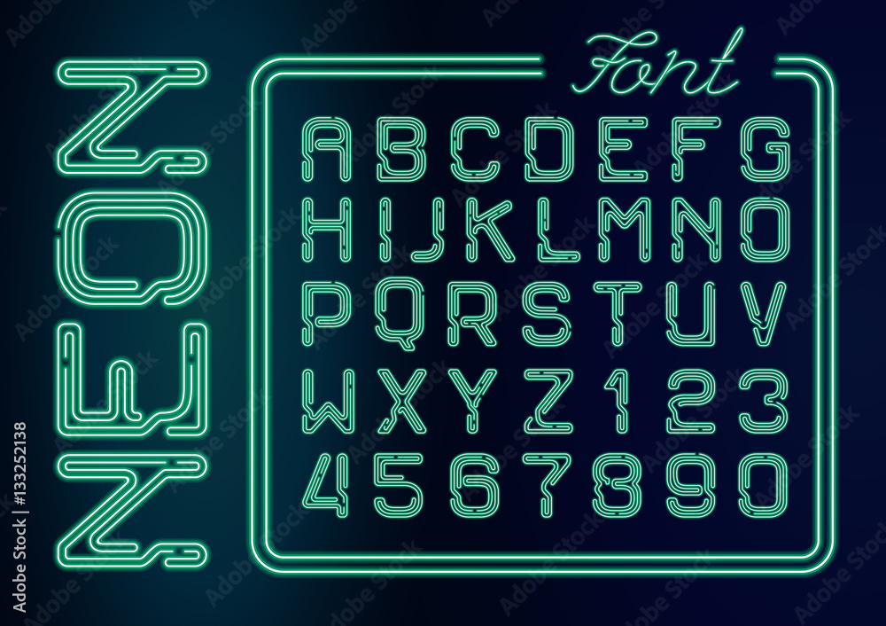 Realistic Neon alphabet with neon numbers. Vector Neon typeset Stock ...