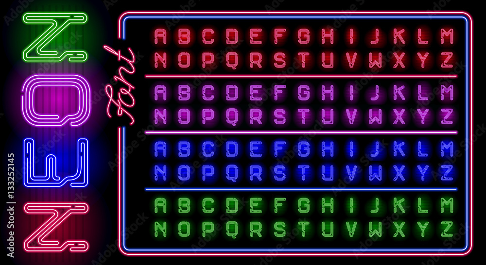 Realistic Neon alphabet with neon numbers. Vector Neon typeset Stock ...