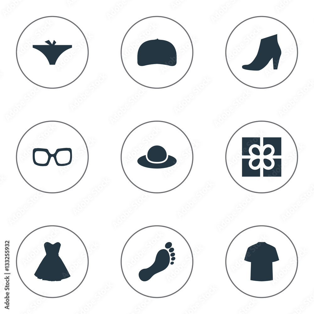 Set Of 9 Simple Dress Icons. Can Be Found Such Elements As Barefoot ...